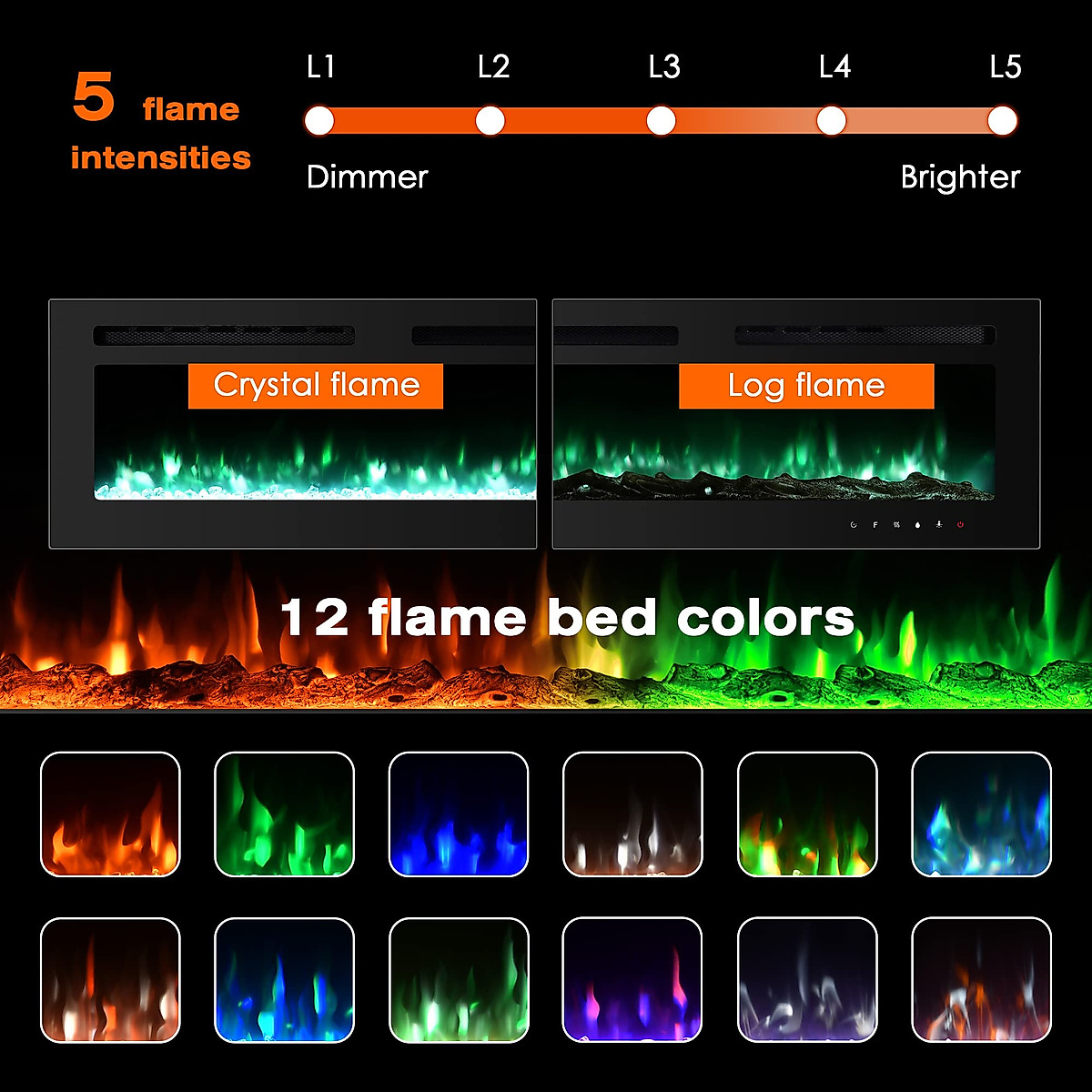 Ariiles 50 inch Electric Fireplace Inserts, Wall Mounted Fireplace, Recessed Fireplace, Led Fireplace, Linear Fireplace with Remote Control, 12 Flame Colors,750/1500W (50inch)