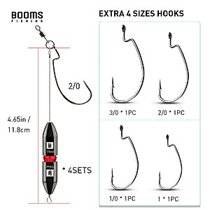 Booms Fishing TR1 Tokyo Rig, 4Pack 1/2oz Pre Rigged Punch Shot Rig, Bass Fishing Accessories Including Brass Bullet Weights, EWG Hooks, Barrel Swivel, Split Ring, Steel Wire, Bead