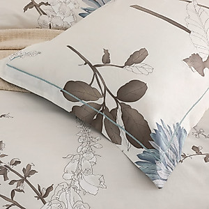 SLEEPBELLA Comforter King Size, 600 Thread Count Cotton Brown Branches and Blue Flowers Off-White Comforter Sets, Down Alternative Bedding Set 3Pcs(King, Off-White Botanical)