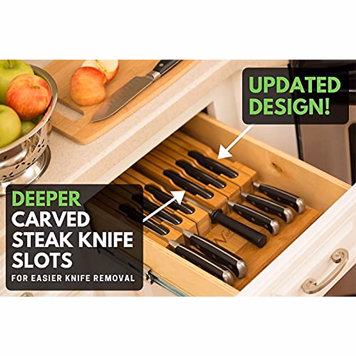 In-Drawer Bamboo Knife Block Holds 12 Knives (Not Included) Without Pointing Up PLUS a Slot for your Knife Sharpener! Noble home & chef Knife Organizer Made from Quality Moso Bamboo