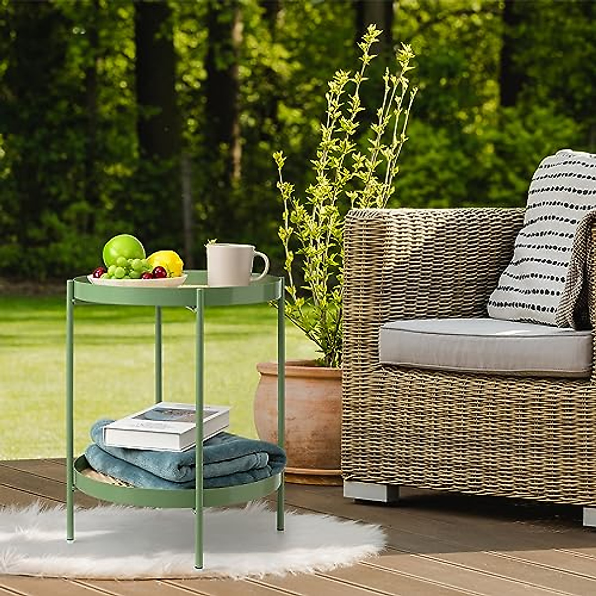 danpinera Metal Side Table, Imitation Rattan Green End Table with 2 Tier Removable Tray, Round Table for Small Spaces, Small Tables for Living Room 20.47 Inch x 16.54 Inch