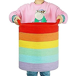 Autonomier 14" x 20" Rainbow Extra Large Tall Cotton Rope Woven Storage Baskets,Throw Blanket Storage Basket for Living Room,Home Decorative Storage Baskets,Cute Boho Nursery Hamper Laundry Basket