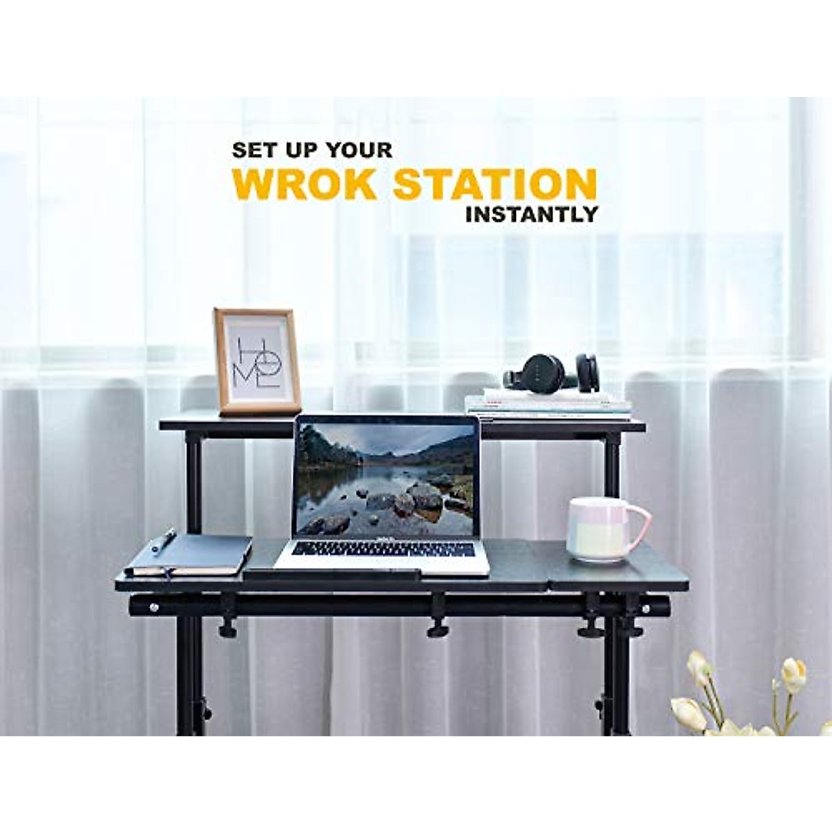 AIZ Mobile Standing Desk, Adjustable Computer Desk Rolling Laptop Desk Cart on Wheels Home Office Computer Workstation, Portable Laptop Stand Tall Table for Standing or Sitting, Black Willow