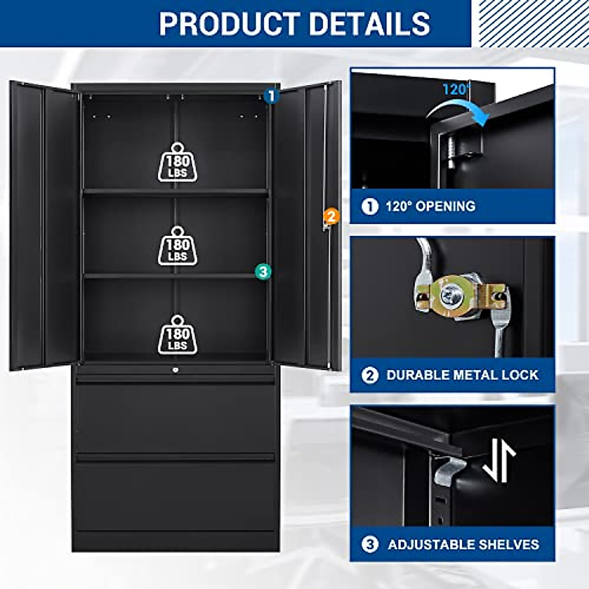 Fesbos Metal Cabinets with 2 Lockable Lateral File Cabinets and Doors, Steel Metal Filing Lockers for Home Office Hanging Files Letter/Legal/F4/A4 Size