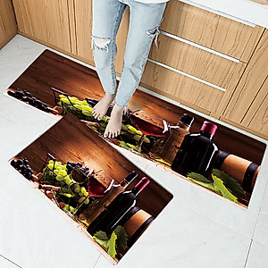 AILUER Red Kitchen Rugs and Mats Set 2 Piece Red Rose Wine Kitchen Decor for Kitchen Non-Slip Kitchen Mats Rugs for Kitchen & Laundry (Red and White Wine, 17.5"x29.5"+17.5"x47")