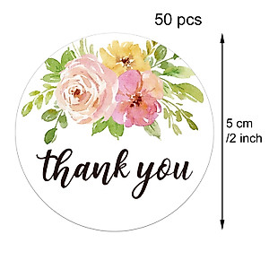 Mr.Mug Floral Thank You Stickers, 2" Round, 50 Pink & Green Labels Paper, Permanent Adhesive, for Small Business Owners, Wedding, Birthday Party Favors, Gift Box