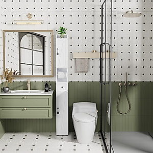 VECELO Bathroom Cabinet with Adjustable Shelf,Narrow Storage Cabinet for Small Space,Slim Cabinet 67in Tall with Metal Toilet Paper Rod Drawer,2 Magnetic Doors Farmhouse Style,Pearl White