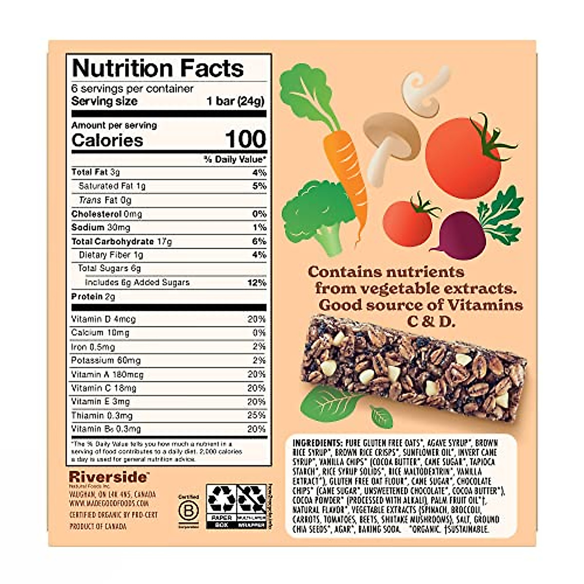 MadeGood Cookies and Creme Granola Bars, 6 Bars (0.85 oz), 6 Boxes; Contain Nutrients of One Full Serving of Vegetables, Gluten Free Oats; Nut and Allergen Free Bars