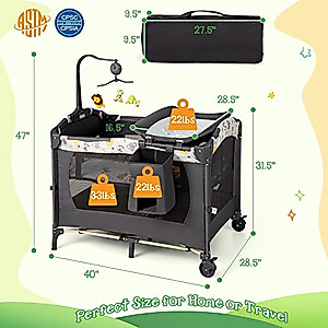 HONEY JOY Pack and Play, 4 in 1 Baby Bedside Sleeper w/Diaper Changing Table & Storage Bag, Toy Rack & Music Box, Portable Baby Playard with Bassinet, Carry Bag for Newborn to Toddlers (Gray)