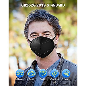 YUIKIO KN95 Face Mask,60 Pack Cup Protective Masks,5 Layers Filter Safety Mask Against PM2.5 Disposable KN95 Respirator Masks in Bulk (Black)