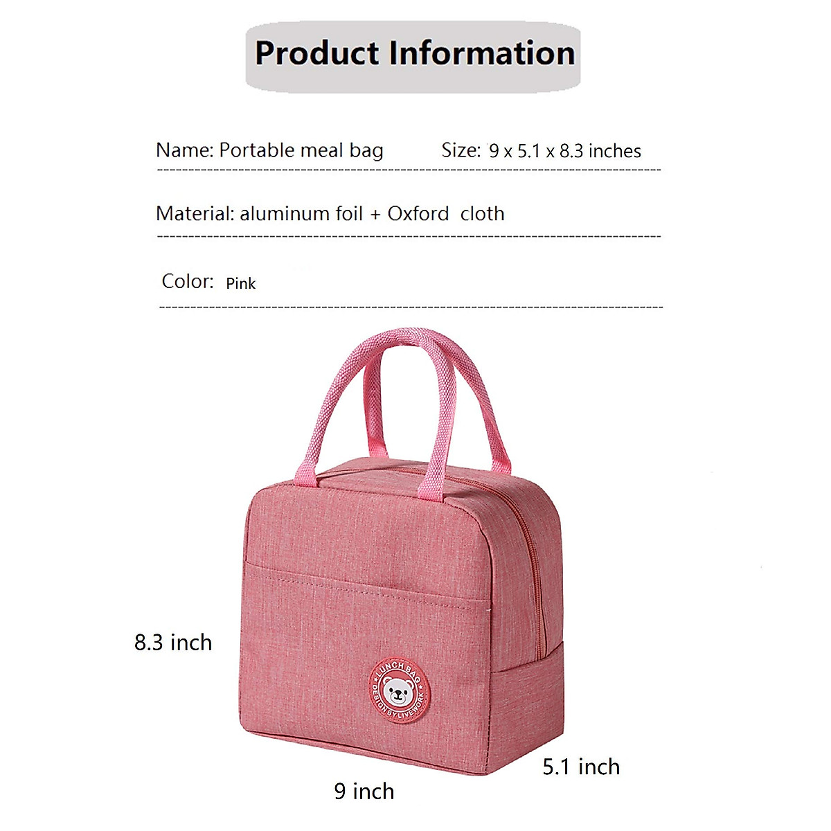 5.5 L Pink Bear Small Lunch Bags for Women, Portable Insulation Bags, Reusable Lunch Bags, Can be Used for Picnics, Work, etc. (S, Pink Bear)