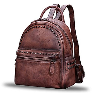 Genuine Leather Backpack for Women Vintage Fashion Bookbag Handmade Casual Satchel (Coffee) Medium