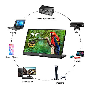 Geekplus Touch Monitor Portable Touchscreen Slim Mini Monitor with Battery Kickstand Speakers Laptop Monitor, External Monitor 15.6 Inch Computer Display 1080P Screen HDMI USB C Gaming Travel Monitor
