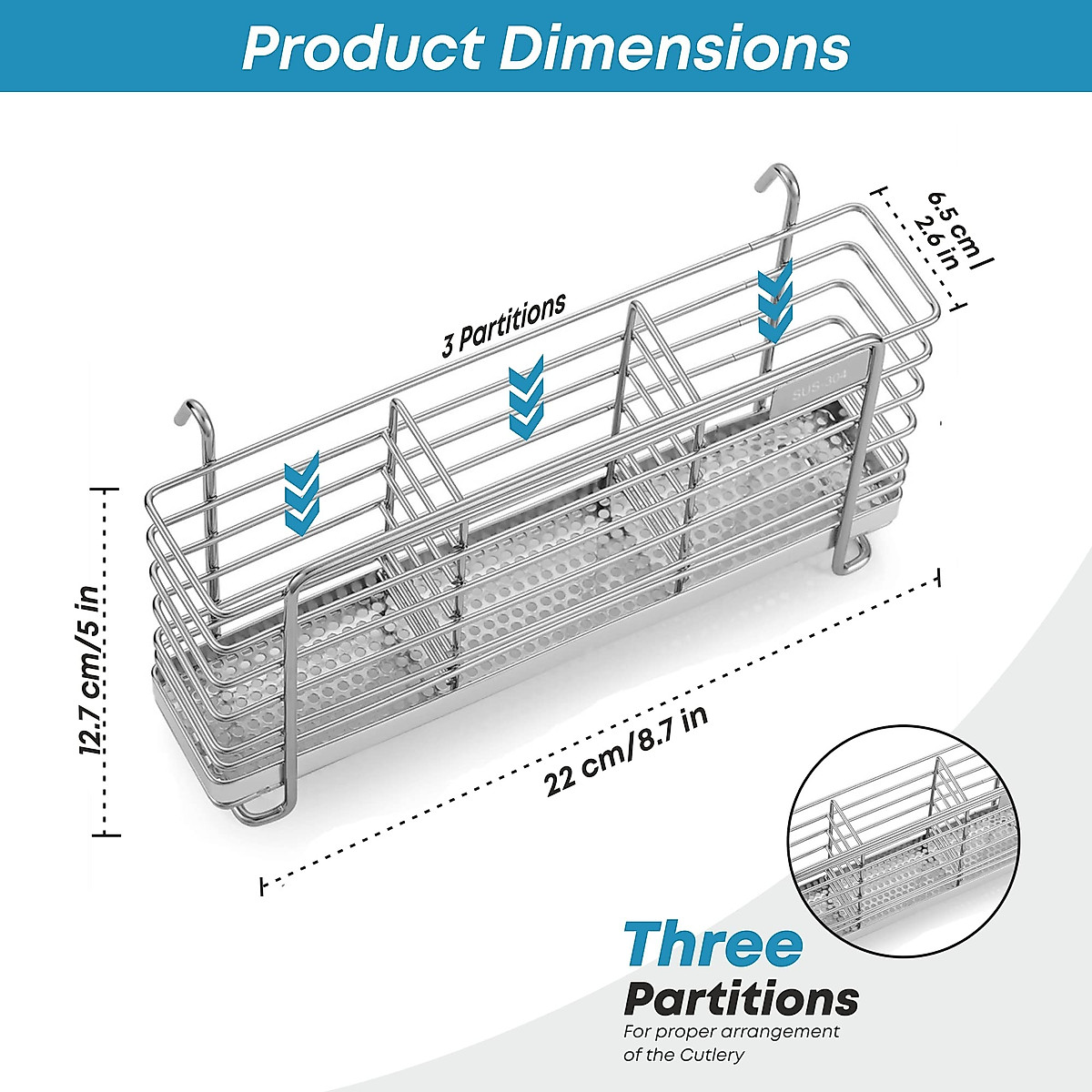 KESOL Sturdy 304 Stainless Steel Utensil Drying Rack Basket Holder with Hooks 3 Divided Compartments, Rust Proof, No Drilling