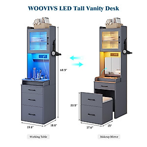 WOOVIVS Small Vanity Desk with Plip-up Mirror and Lights, Makeup Vanity Dresser with Charging Station, LED Vanities Dressing Table Set with Drawers&Stool for Bedroom，Checkroom (Grey,1PCS)