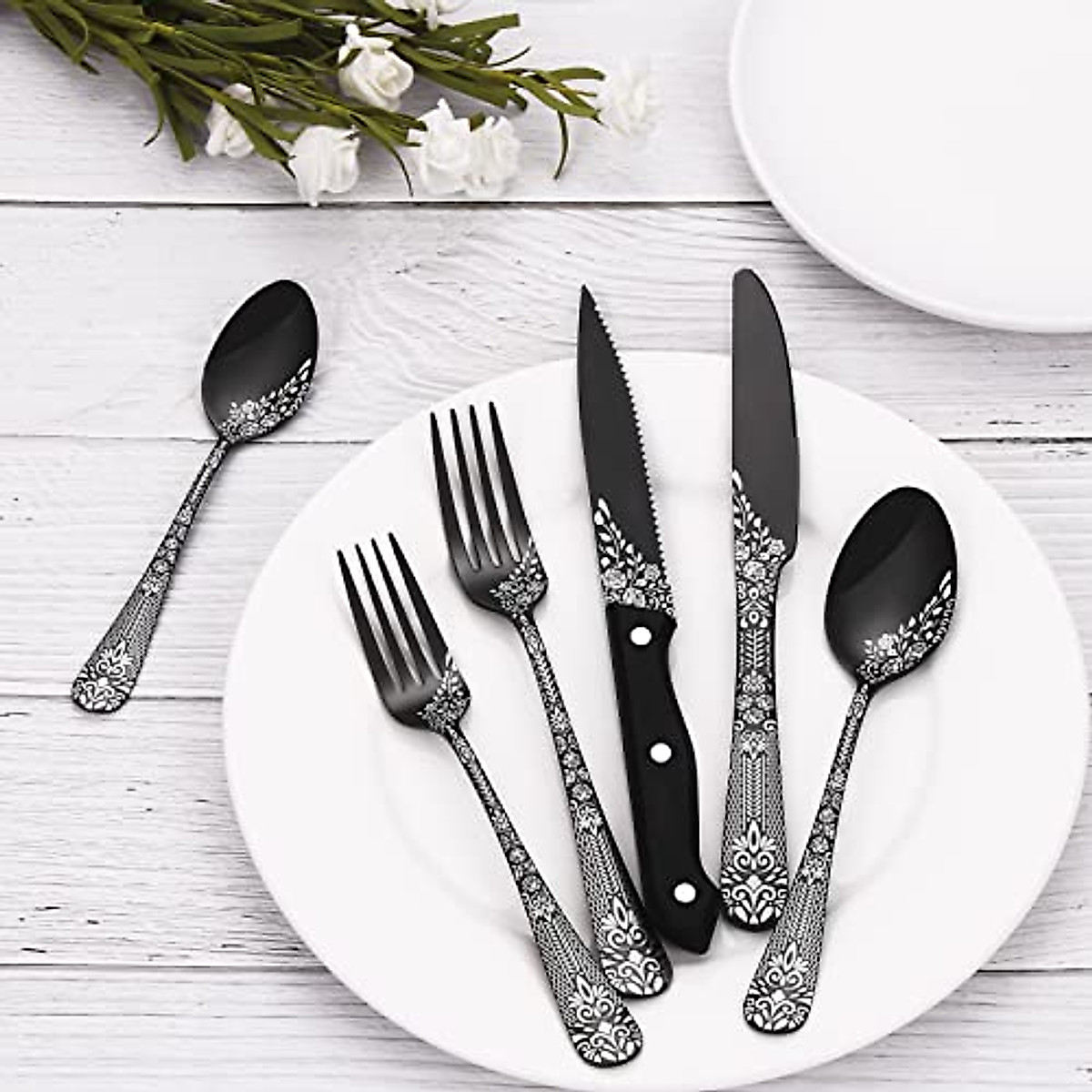 EUIRIO 48-Piece Black Silverware Set with Steak Knives, Black Flatware Set for 8, Stainless Steel Cutlery Set, Knives and Forks and Spoons Sets,Unique Pattern Design,Mirror Polish and Dishwasher Safe