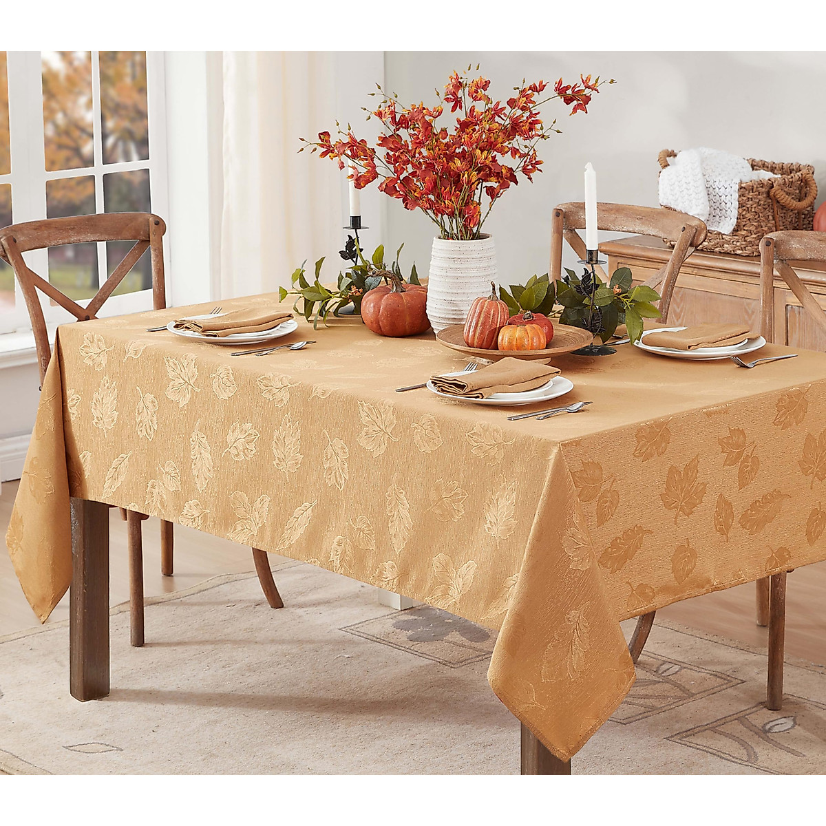 Newbridge Tremont Leaf Damask, Fabric Tablecloth, Swirling Leaves Damask, Print, Soil Resistant, Easy Care Tablecloth, 60 Inch x 144 Inch Rectangle, Gold