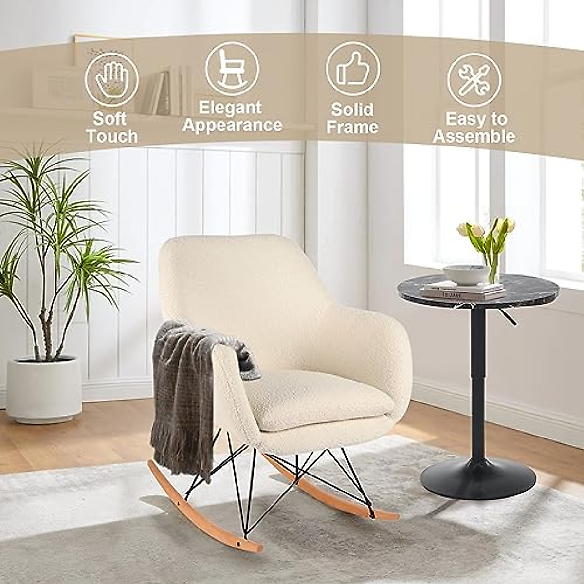 TUOMUR Modern Rocking Chair Nursery, Teddy Fabric Upholstered Glider Rocker with High Backrest and Armrests, Nursing Chair, Comfy Glider Chair for Living Room, Bedroom, Offices, Ivory
