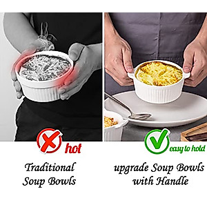 Delling Ramekins with Handle, 6 PACK Soup Bowls for French Onion Soup, Pot Pie, Lava Cakes, Creme Brulee, 12 Oz Porcelain Souffle Dish for Baking, White