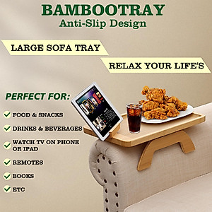 BAMBOOTRAY Couch Arm Table,Sofa Clip on Tray for Armrest Tray,Sofa Arm Table with Phone Holder,Couch Table for Living Room Bedroom,TV Tray Table for Eating & Drinking