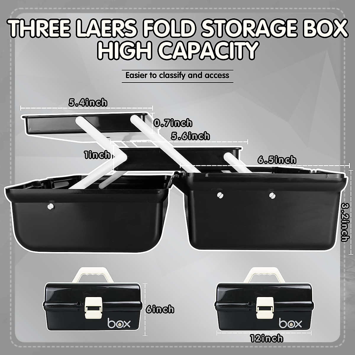 TERGOO 12in Three-Layer Multipurpose Storage Box Organizer Folding Tool Box/Art & Crafts Case/Sewing Supplies Organizer/Medicine Box/Family First Aid Box with 2 Trays (Black)…