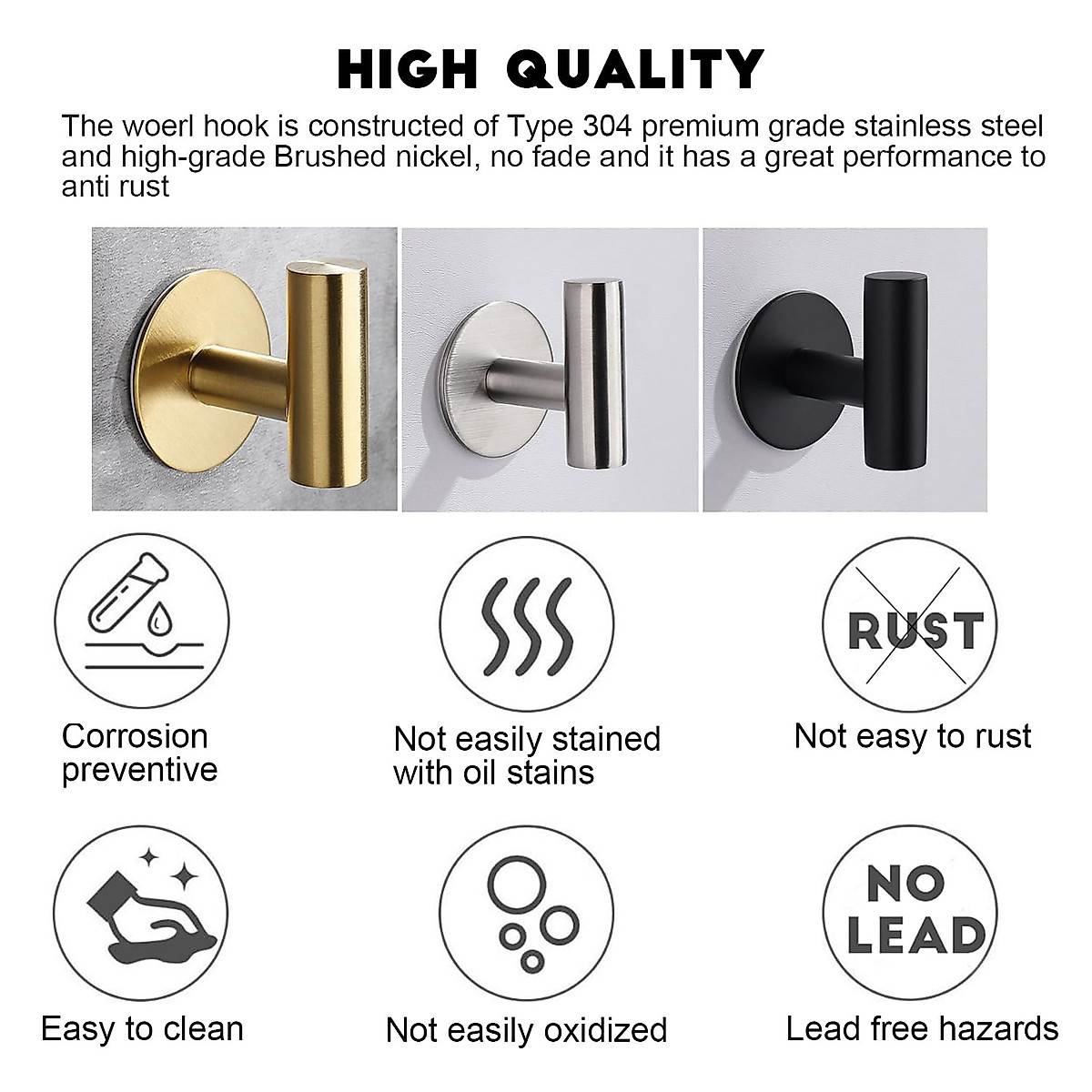 DERIQ Adhesive Hooks SUS304 Stainless Steel Towel Hooks Heavy Duty Waterproof Wall Hooks Self Adhesive Coat Robe Towel Hooks for Bathrooms Kitchen Hotel Wall Mounted Hooks - 2 Pack Gold