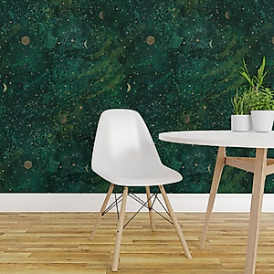 Removable Wallpaper 9ft x 2ft - Dark Green Moon Stars Bohemian Star Night Celestial Custom Pre-Pasted Wallpaper by Spoonflower