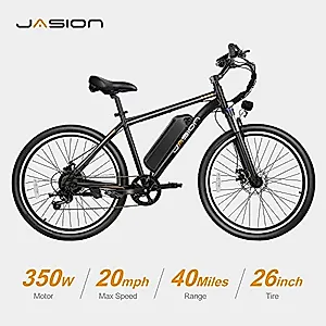 Jasion EB5 Electric Bike for Adults, 350W Electric Mountain Bike, 26'' Electric Commuter Bicycle with 20MPH Removable Battery, Shimano 7 Speed, Front Suspension (Black)