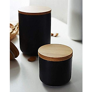 Pure Color Ceramic Sugar Bowl with Wooden Lid Sugar Dispenser Salt Pepper Storage Jar Pot Sugar Container Seasoning Pot Box Condiment Spice Racks Holder for Home Kitchen Black