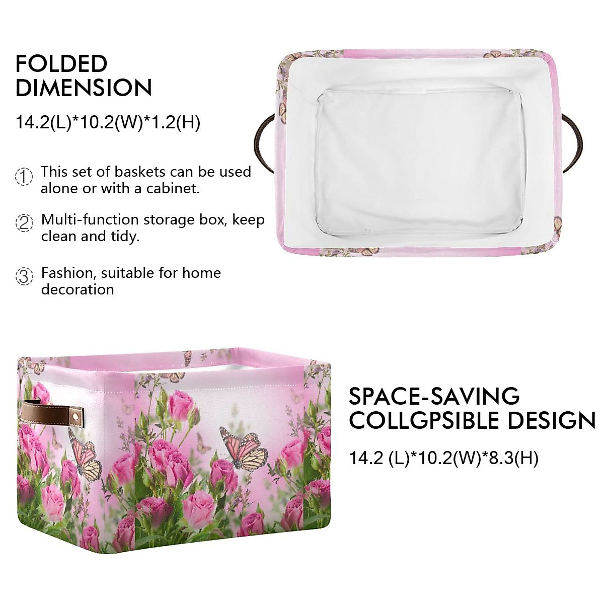 ALAZA Pink Rose Floral Butterfly Foldable Storage Box Storage Basket Organizer Bins with Handles for Shelf Closet Living Room Bedroom Home Office 1 Pack