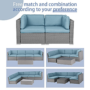 Patiomore 2 Pieces Outdoor Wicker Loveseat, Patio Rattan Sectional Furniture Corner Sofa Set All-Weather Grey Wicker with Removable Cushions for Balcony, Backyard, Garden (Sky Blue)