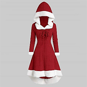 FKSESG Womens Vintage Dress Winter Christmas Long Sleeve Patchwork Hooded Party Dress