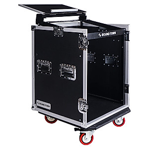 Sound Town 14U PA DJ Rack/Road ATA Case with 11U Slant Mixer Top, 20’’ Rackable Depth, DJ Work Table and Casters, 14 Space Size, Pro Tour Grade (STMR-14UWT)