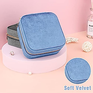 DesignSter Travel Jewelry Box - Velvet Mini Jewelry Organizer, Small Jewelry Case for Girls Women, Jewelry Storage Box for Rings Earrings Necklace (Square, Blue Fog)