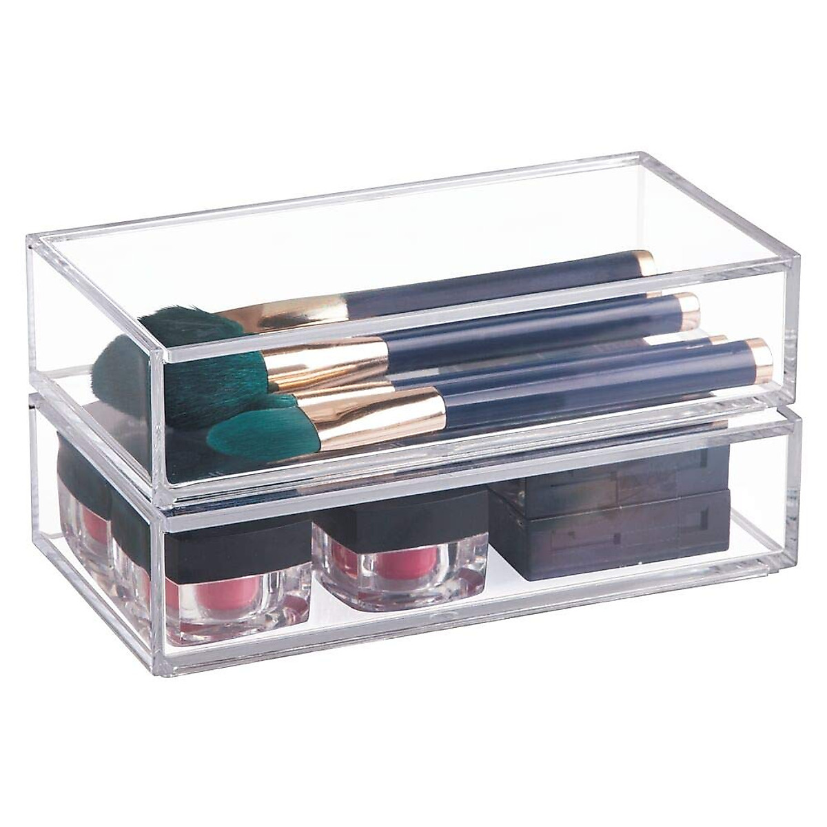 mDesign Small Makeup Organizer Box with Lid for Vanity Countertops, Cabinet - Store Makeup Brushes, Eye Shadow Palettes, Lipstick, Lip Gloss, Blush, Jewelry - Plastic, 2 Pack - Clear