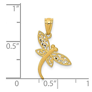 Solid 14k Yellow Gold Diamond-cut Dragonfly Brushed Matte Finish Pendant Charm - 21mm x 13mm
