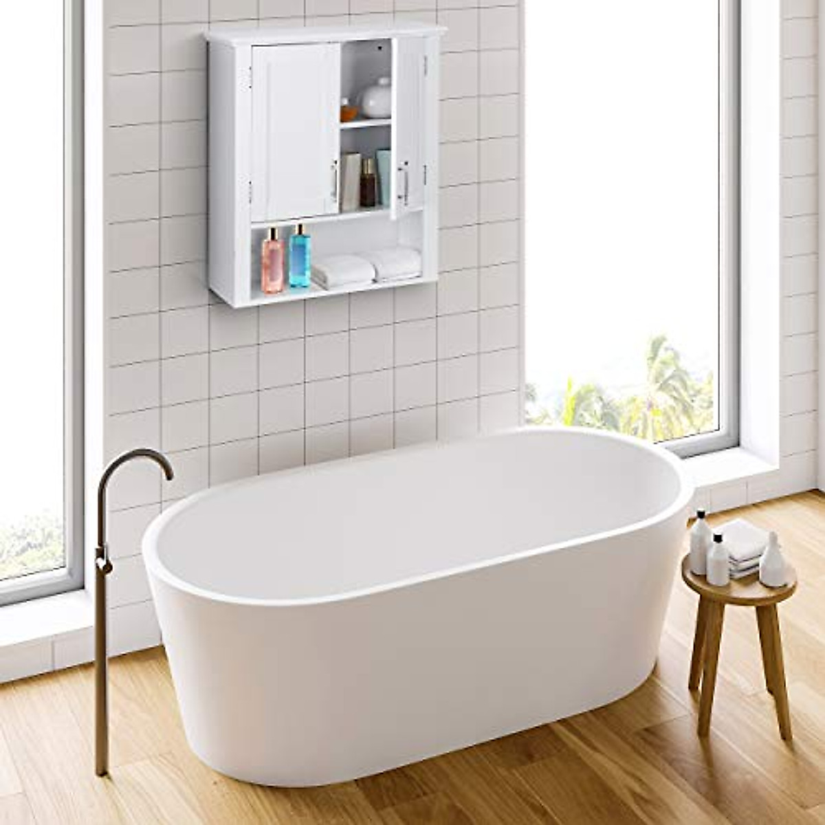 ZENY Hanging Bathroom Cabinet with Doors, Wall Cabinets Over The Toilet, Bathroom Wood Hanging Cabinet, White