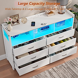 Alohappy 6 Drawer Dresser for Bedroom, LED Dresser Chest of Drawers with Power Outlets, Modern White Dresser for Bedroom, Living Room, Entryway, Hallway