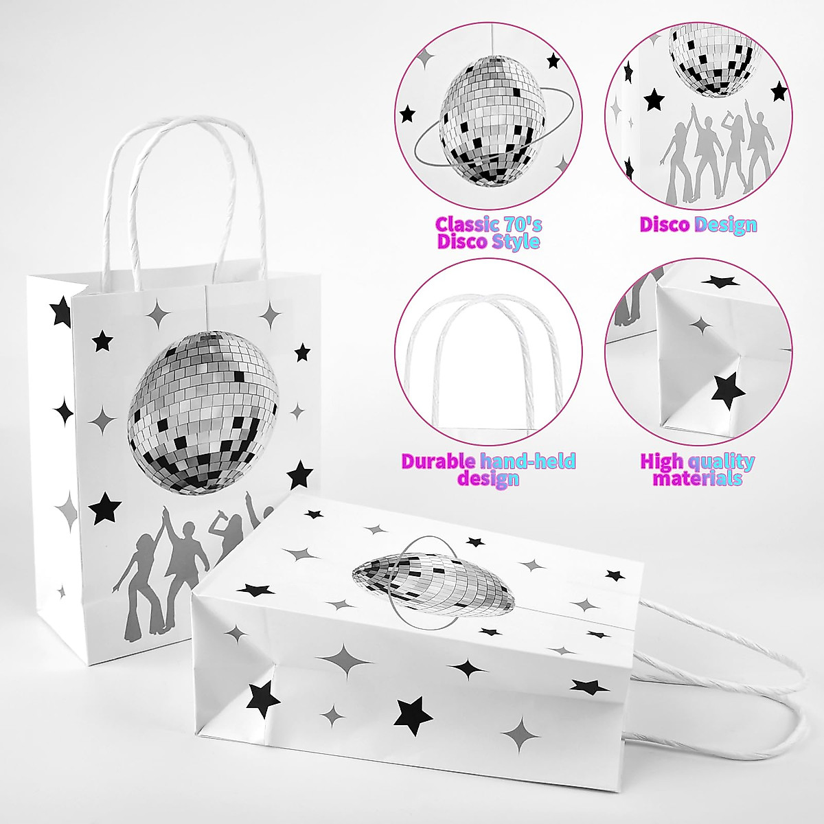 36 Pcs Disco Ball Gift Bags Disco Party Disposable Gift Bag 70s Disco Party Supplies for Candy Goodies Gifts, Disco Paper Bags with Handles for Wedding Bachelorette Party Decoration (White)