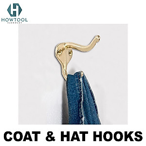 HOWTOOL Coat Hooks for Wall Hanging Heavy Duty Wall Mounted Brass Plated, 5 Pack