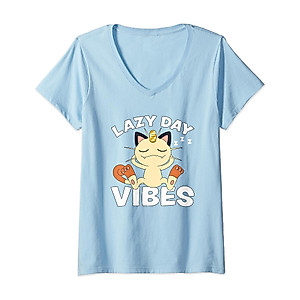 Womens Pokémon - Meowth Lazy Day Vibes V-Neck T-Shirt