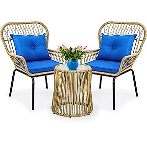 YITAHOME 3-Piece Outdoor Patio Furniture Wicker Bistro Set, All-Weather Rattan Conversation Chairs for Backyard, Balcony and Deck with Soft Cushions, Glass Side Table (Light Brown+Navy Blue)