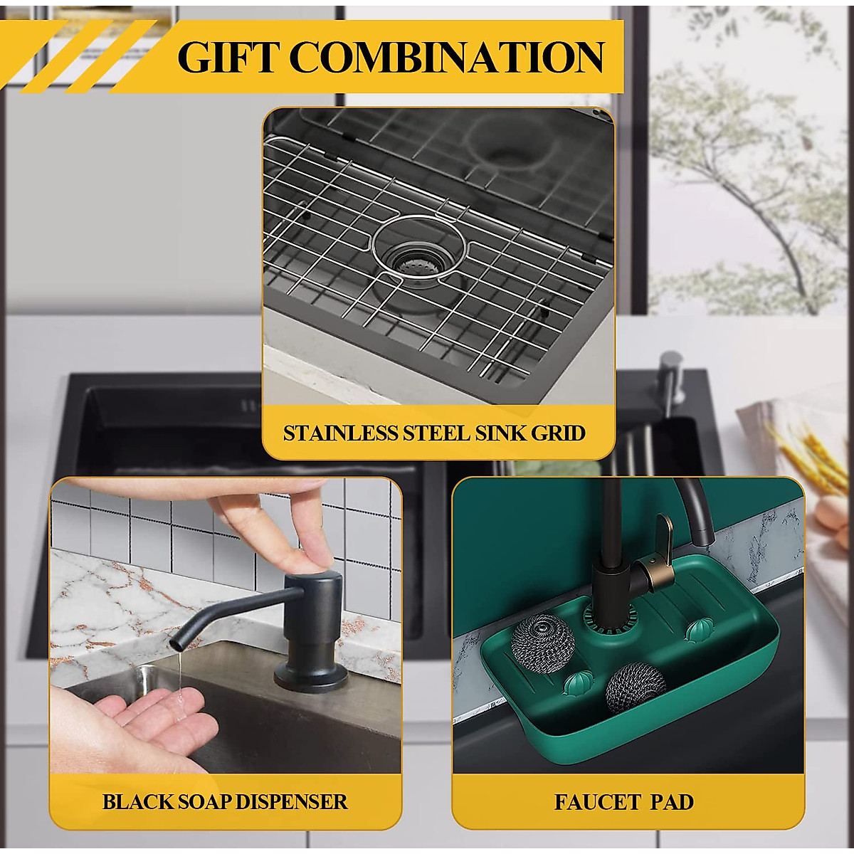 Black Kitchen Sink, Stainless Steel Topmount Bar Sink 25x22x9 Inch Single Bowl Drop In Kitchen Sink Combo-Sink Grid,Soap Dispenser,Faucet Mat,Drain Strainer Set for Modern Single Basin Kitchen Sink