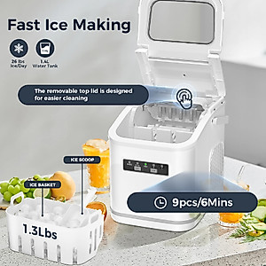 Ice Maker Machine Countertop Portable Small Compact Mini Bullet Ice Maker Self Cleaning, 2 Size of Bullet ice Cubes, 9 Cubes in 6 Mins,Good for Home,Dorm,Indoor,Camping,Outdoors (White)