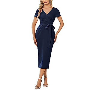 Ever-Pretty Women's Bodycon V Neck Short Sleeves Summer Casual Wedding Guest Dresses Navy Blue S