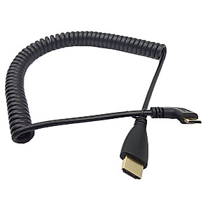 SinLoon Angle 90 Degree Right Mini HDMI to HDMI, Right Angled Mini-HDMI Male to HDMI Male Gold Plated Converter Adapter Coiled Spiral Cable,Support 3D, 1080P,1.5~10 Feet（90Mini-HDMI Right）