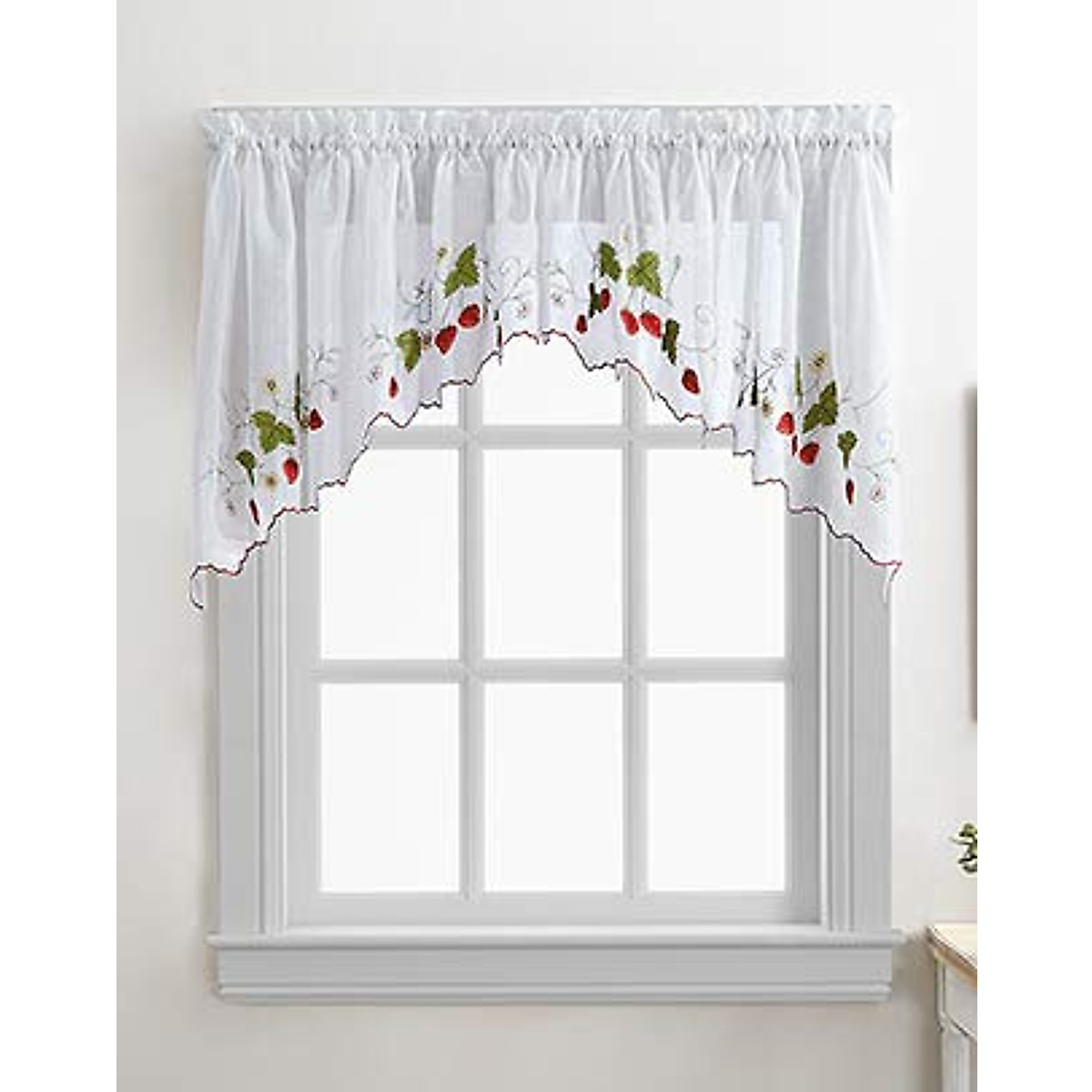 CHF Strawberry Garden Kitchen Curtain Window Swag Pair, Rod Pocket, 28W x 30L inch, Red