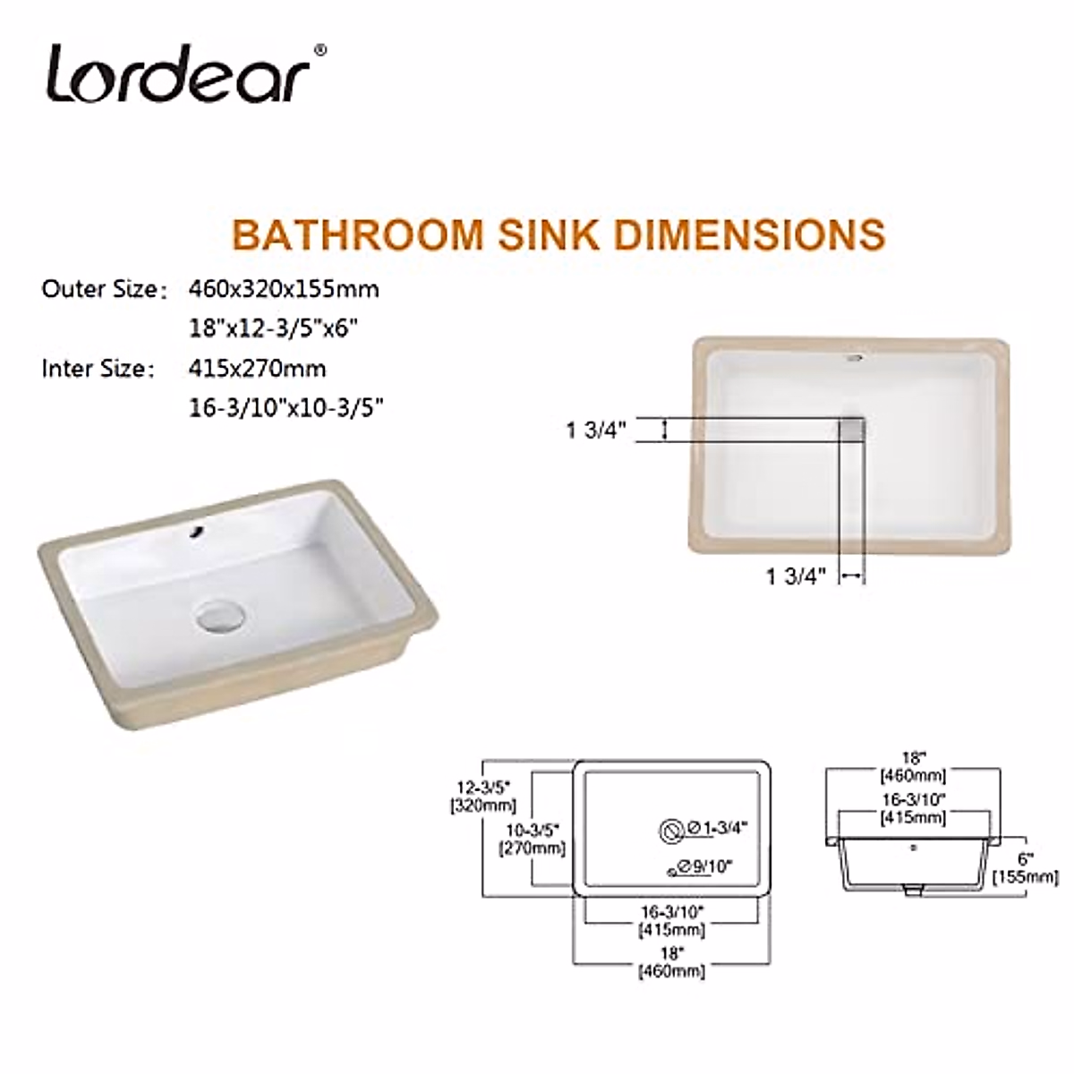 Undermount Bathroom Sink - Lordear 18x12.5 Inch Bathroom Vanity Sink Undermount Rectangle White Porcelain Ceramic Bathroom Under Counter Lavatory Vanity Sink Basin with Overflow