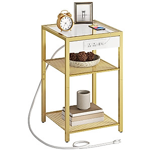 HOOBRO End Tables Set of 2 with Charging Station, Side Tables with USB Ports & Power Outlets, 3-Tier Slim Nightstands with Storage Shelves, Tempered Glass, for Living Room, Bedroom, Gold GD77UBZP201