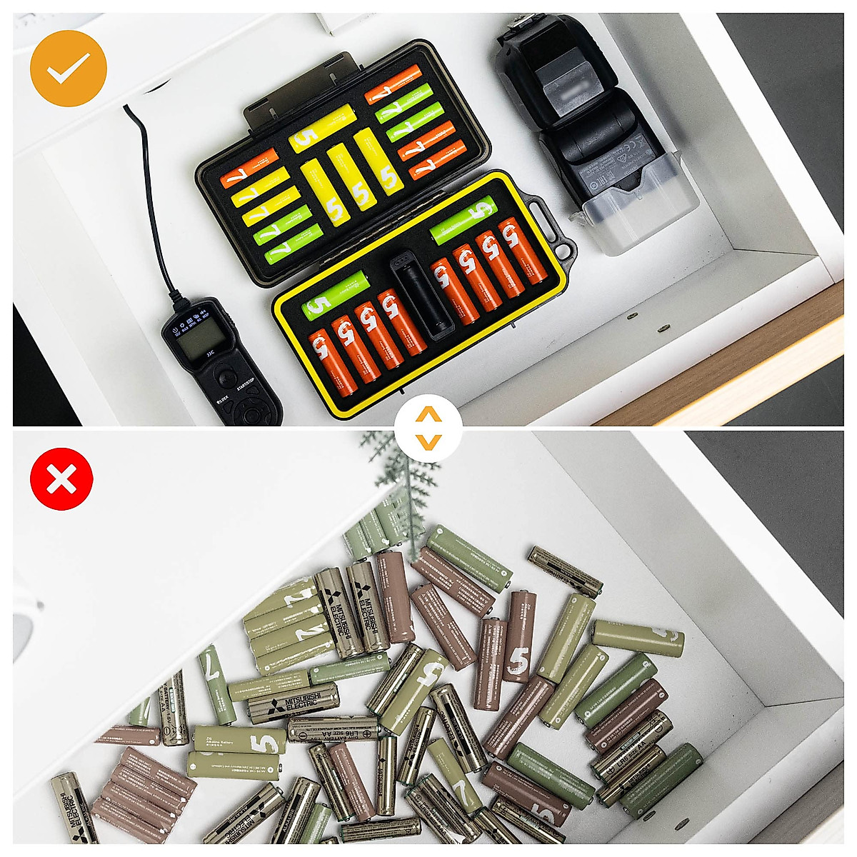 KIWIFOTOS AA AAA Battery Storage Case Holder with Detachable Battery Tester Checker, Hard Shell Battery Organizer Container for 14 Double A & 10 Triple A Battery, Water-Resistant and Shockproof